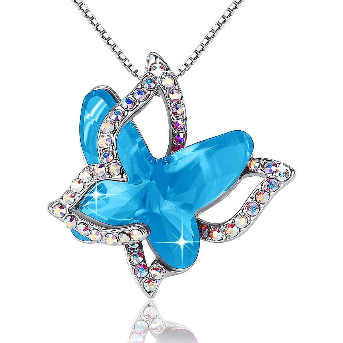 GEMMANCE Butterfly Crystal Necklace with Aquamarine Blue Birthstone for March and December, Silver-Tone, 18”+2” Chain