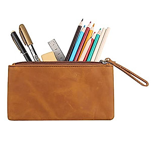 AZXCG Leather Pencil Case, Vintage Leather Pencil Pouch with Zipper, Handmade Pen Case, Pouch Stationery Bag, Makeup Pouch Bag for Adults/Girls/Teens/Students Art School and Office Supplie, Brown