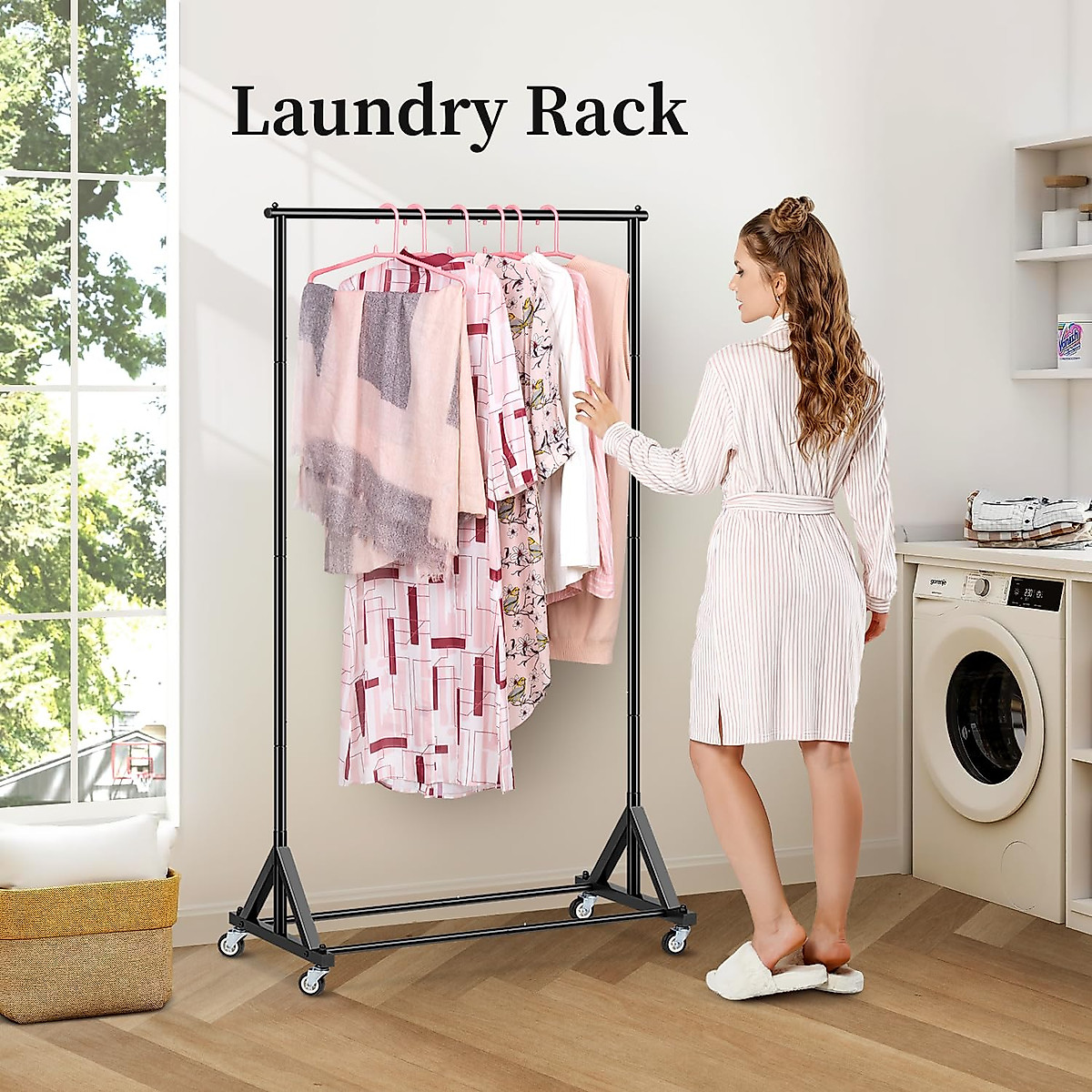 SLEEPING LAMB Heavy Duty Clothes Rack, Rolling Clothing Racks for Hanging Clothes Metal Garment Rack With Wheels, Clothes Hanger Rack for Coats, Shirts, Sweaters Wardrobe Rack (Black)