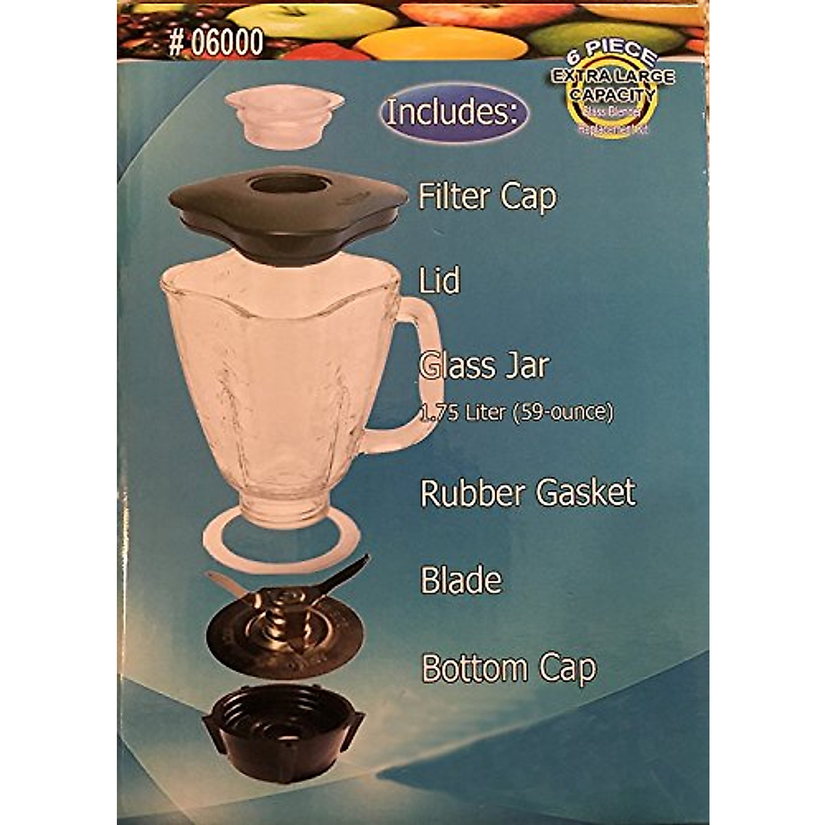 Ronnel Collection 6-Piece Square Blender Glass Jar Replacement Kit for Oster Blender, 1.6 Liter - 6.8 Cup