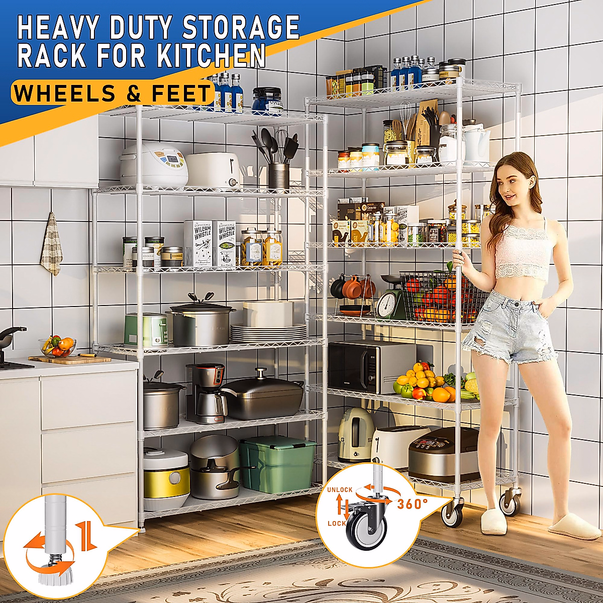 pouseayar Kitchen Shelves Organizer, 6 Tier 2100LBS Metal Wire Shelving Rack w/Innovative Side Mesh, Heavy Duty Adjustable Shelving Units and Storage for Home Office Garage, 87.5" H x 48" W x 18" D