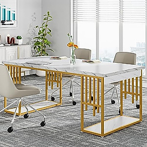 Tribesigns 70.9" Dining Table for 6-8, Long Modern Kitchen Table with Storage, Large Rectangular Dinner Table for Kitchen, Dining & Living Room, White Faux Marble Top & Gold Metal Frame, Easy Assembly