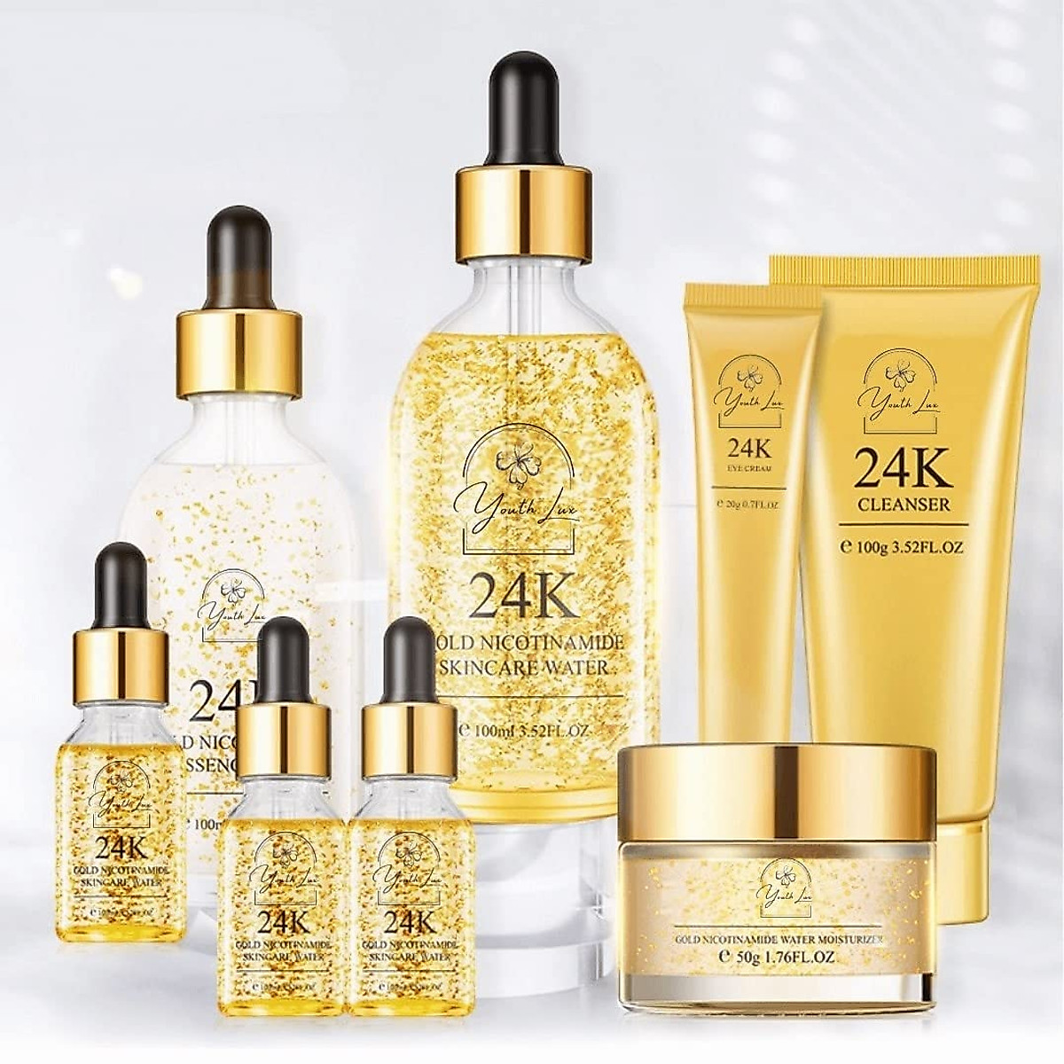 Youth Lux 24k Gold Skin Care Set & Kit (8 Pc) | Anti-Aging Face Kit For Flawless Glowing Skin, Reduces Fine Lines & Wrinkles | Skin Care Sets & Kits for Women