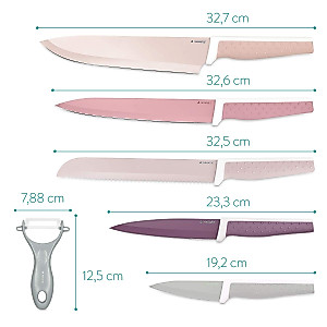 Navaris Knives and Peeler Set - 5 Stainless Steel Kitchen Knife & 1 Ceramic Blade Peeler - Pastel Colour Set with Bread Knife, Paring Knife and More