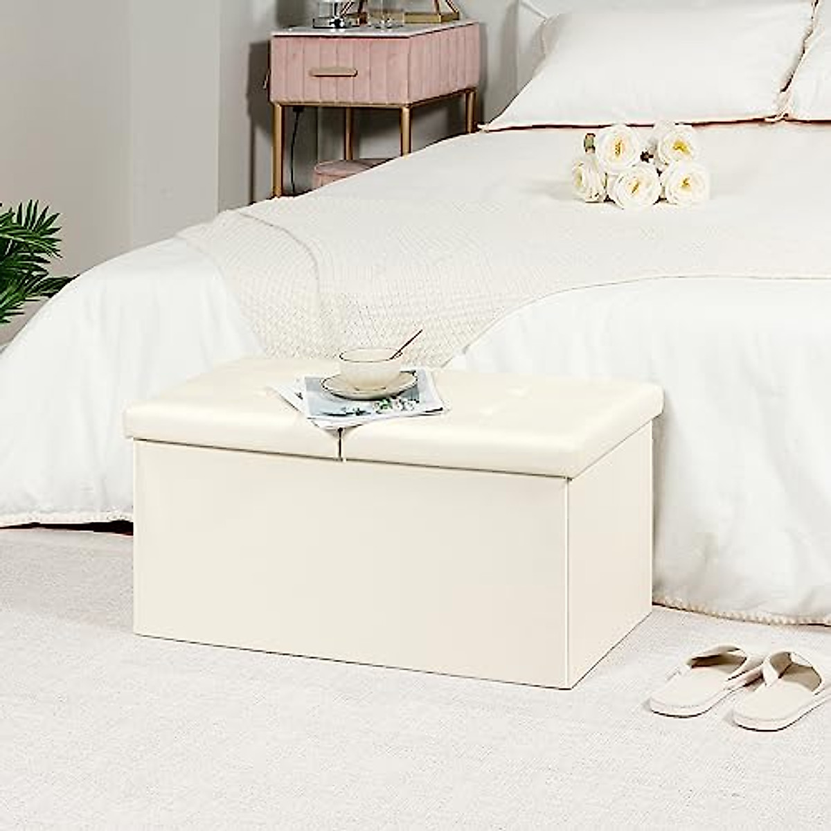 B FSOBEIIALEO Storage Ottoman with Filpping Lids, Ottoman Storage Bench Footrest Seat, Storage Chest Faux Leather 30"x15"x15" (White)