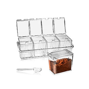 Faxco 4-Cell Clear Seasoning Rack Spice Box, Storage Container Condiment Jars Acrylic Seasoning Box with Cover and Spoon