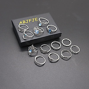ABJFJE 13Pcs Vintage Silver Stackable Finger Rings Set Boho Midi Cool Gothic Punk Hollow Carved Flowers Turtle Heart Crystal Knuckle Rings Set for Women (13Pcs Silver ring)