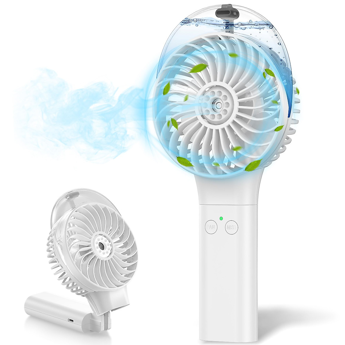 MORECORE Portable Misting Fan, 180° Foldable Handheld Personal Fan with Mist Spray, 3 Adjustable Wind Speeds, USB Rechargeable for Travel Outdoors Makeup Camping Home Office (White)