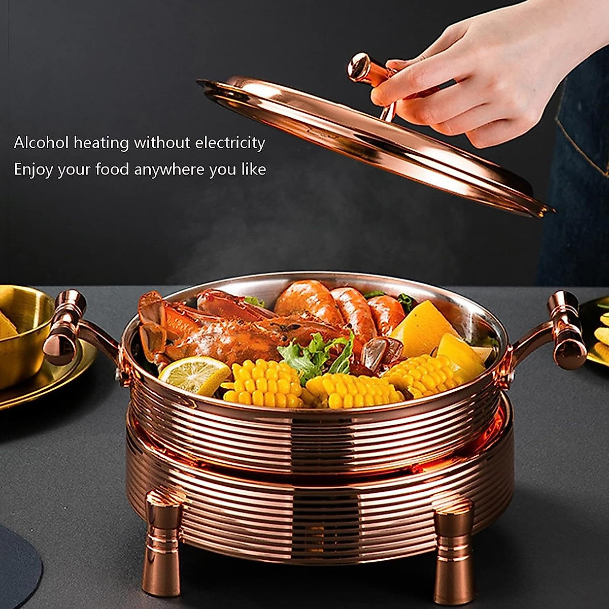 Catering Buffet Servers and Heaters - Round Food Warmer, Stainless Steel Hot Pot Buffet Set, 3 in 1 Food Warmer with Glass Viewing Lid and Built in Lid Holder(Size:28cm,Color:Golden)
