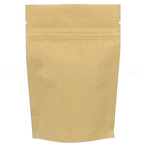 CleverDelights Kraft Stand Up Pouches - 2oz - 100 Pack - 4" x 6" x 2" - Resealable Bag