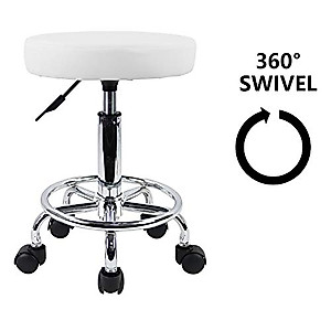 KKTONER PU Leather Round Rolling Stool with Foot Rest Swivel Height Adjustment Spa Drafting Salon Tattoo Work Office Massage Stools Task Chair White Small (White)
