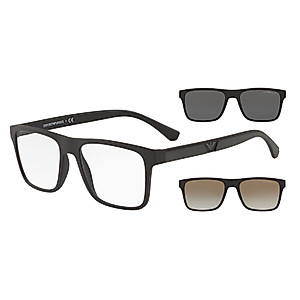 Emporio Armani Men's EA4115 Prescription Eyewear Frames with Two Interchangeable Sun Clip-Ons Rectangular, Matte Black/Clear/Black/Gradient Brown, 54 mm