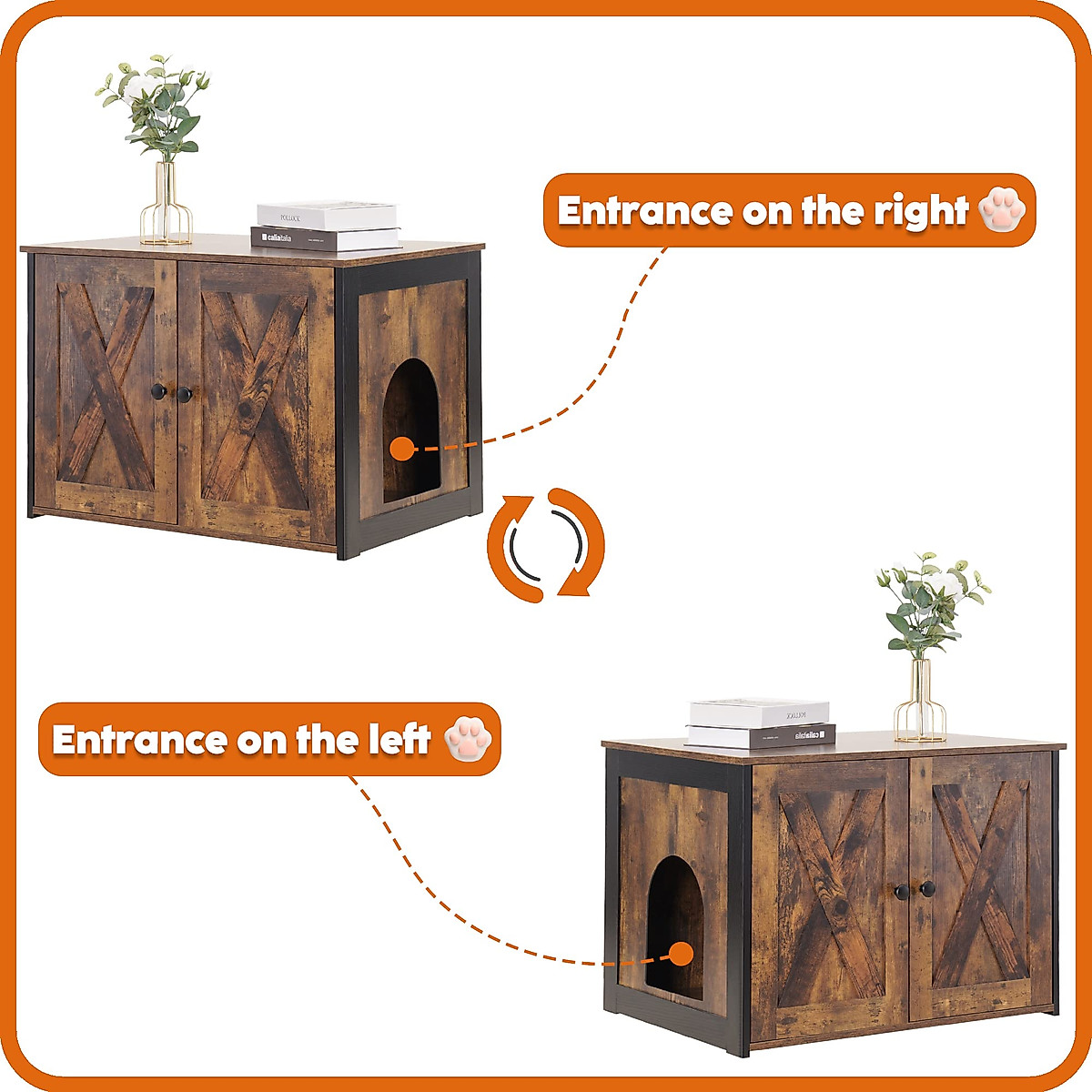 Dwanton Litter Box Enclosure, Cat Litter Box Furniture Hidden, Reversible Entrance Can Be on Left or Right Side, Wooden Cat Washroom Indoor, Rustic Brown, 27.6 Inches