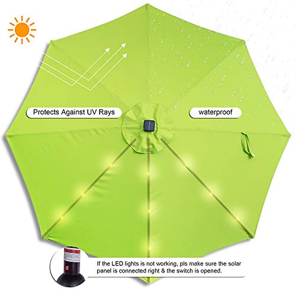 Sundale Outdoor 7 ft Solar-Powered 24 LED Lighted Patio Umbrella Table Market Umbrella with Crank & Push Button Tilt for Garden, Deck, Backyard, Pool, 8 Steel Ribs, Polyester Canopy (Apple Green)