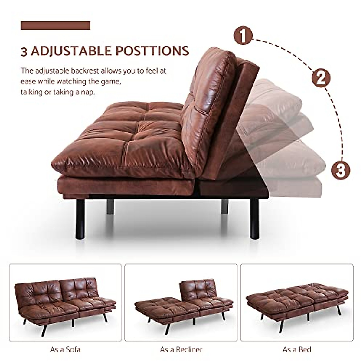 LIFERECORD Futon Sofa Bed Modern Faux Leather Convertible Sofa Memory Foam Daybed with Adjustable Armrests for Living Room Apartment Dorm, Brown