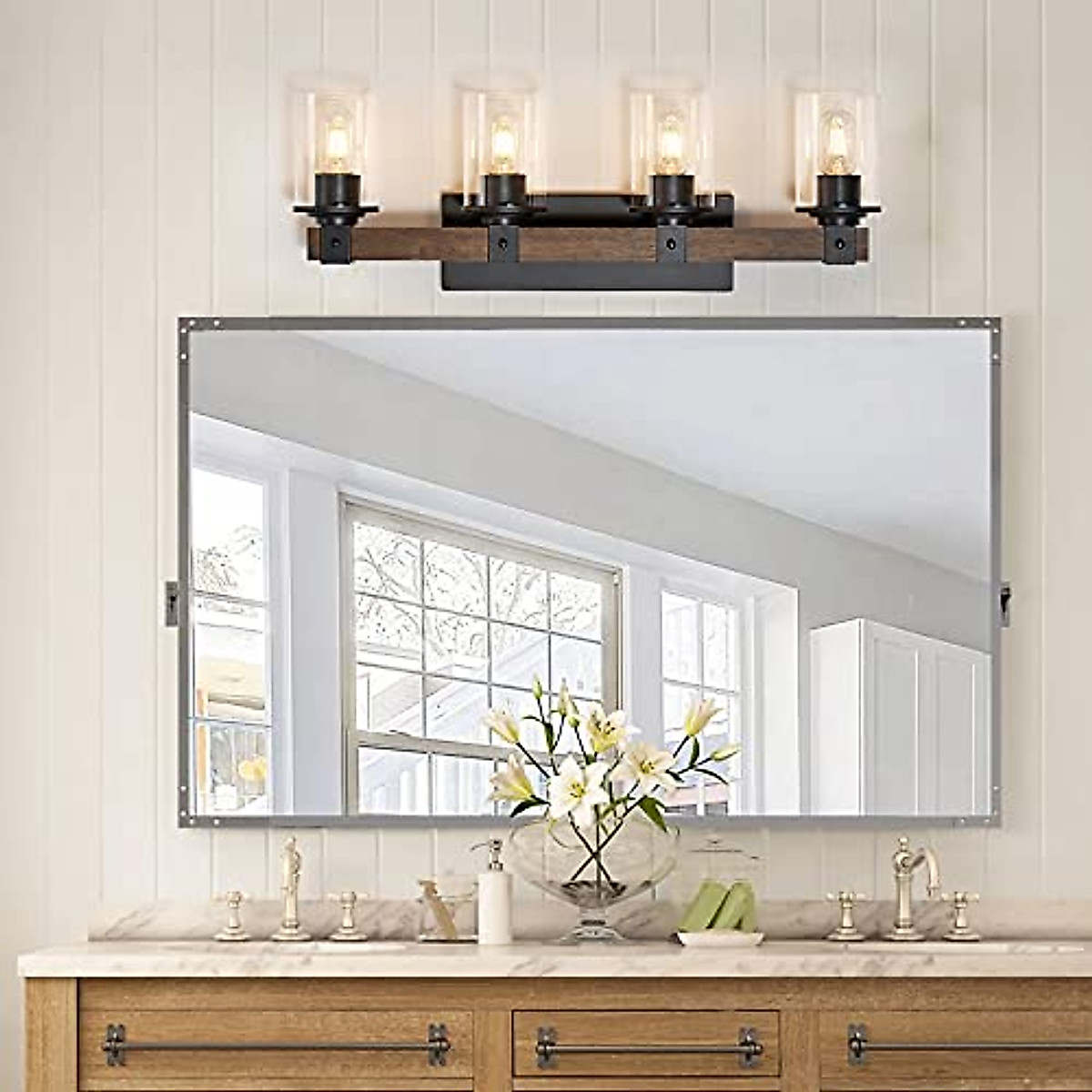 Farmhouse Rustic Bathroom Lighting Fixtures Over Mirror, Vintage Wood Vanity Lighting with Clear Glass, 4-Light Modern Industrial Wall Lamp for Bedroom,Living Room,Hallway