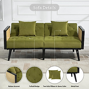 Dolonm 62 Inch Velvet Sofa with Rattan Armrests and 2 Pillows, Loveseat Sofa with Metal Feet, Modern Convertible Futon Couch, Multi-Functional Sofa Bed, Accent Sofa for Living Room, Olive Green