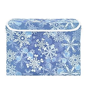 Krafig Snowflakes Decorative Storage Box with Lid Large Bins Baskets Foldable Cube Organizer Collapsible Containers for Organizing, Toy, Home, Shelf, Closet