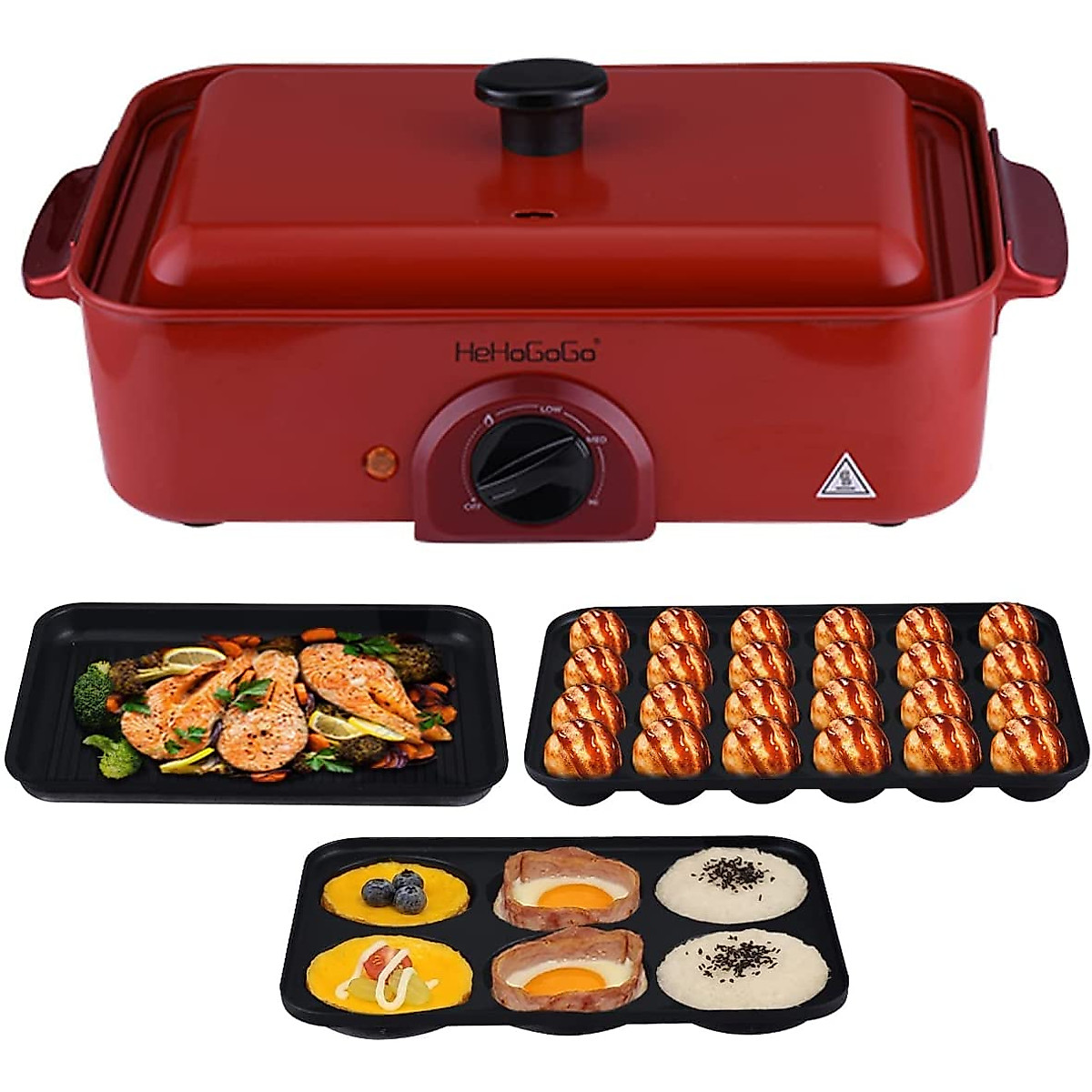 HeHoGoGo 3 in 1 Multifunctional Electric Griddle Electric Skillet Nonstick Baking Maker with 3 Interchangeable Pan Takoyaki Maker Cake Pop Maker Pancake Maker Red