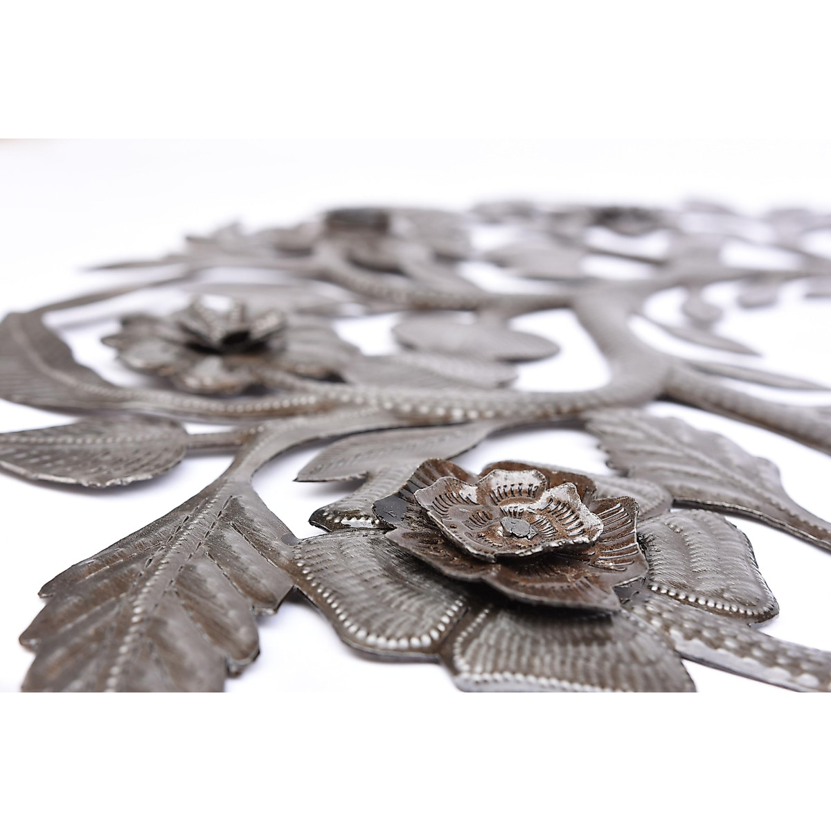 Front Door Metal Wreath with Flowers and Branches, Garden Wall Hanging Lid Sculpture, Handmade in Haiti 23 in. x 23 in.