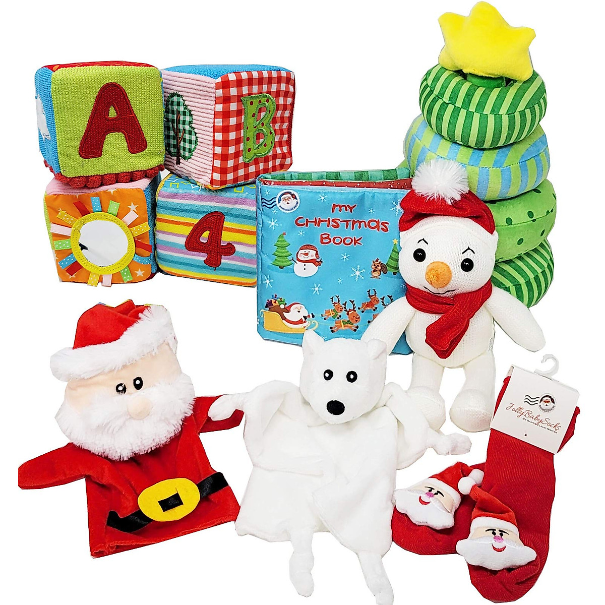 Baby Stocking Stuffer Set - Babys First Christmas Toys - Plush Toys Including Christmas Book, Plush Snowman, Baby Santa Socks and Santa Hand Puppet - Christmas Gifts for Kids and Babies