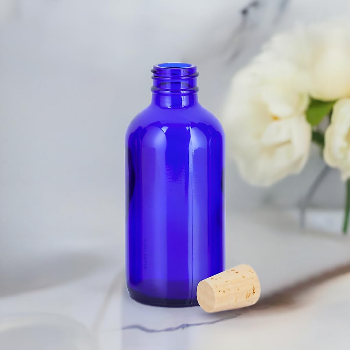 JUVITUS (4 Pack) 8 oz Cobalt Blue Boston Round Thick Plated Glass Bottle with Cork Stopper