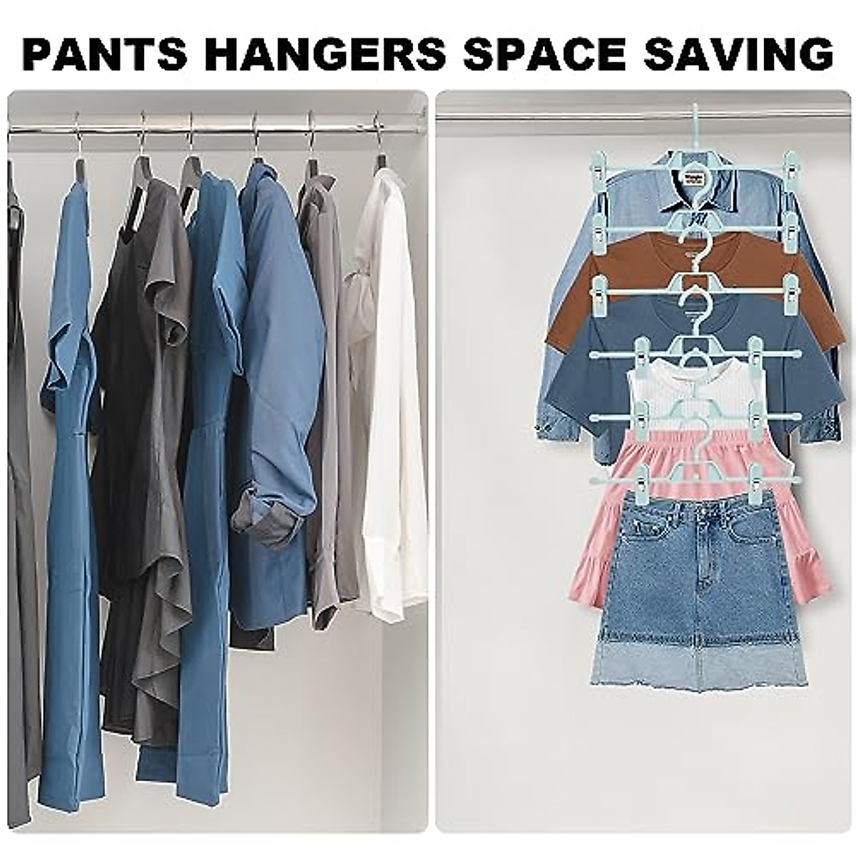 30 Pack Pants Hangers with Clips - POZEAN Plastic Hangers Stackable Skirt Hangers, Clothes Hangers with 360°Rotating & Adjustable Clips, Pants Hangers Space Saving for Pants, Skirts, Shorts (White)