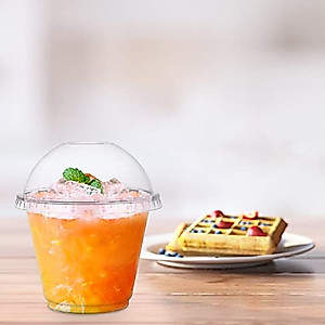Coloch 100 Pack 9 Oz Clear Plastic Dessert Cup with Dome Lid and Spoon, Disposable PET Crystal Parfait Cup Take-out Liquid Container for Fruit, Dessert, Cupcake, Cold Drinks, Ice Cream, Snack