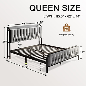 Einhomn Velvet Queen Bed Frame with Charging Station, Platform Bed with Upholstered Storage Headboard & Footboard, 12" Underbed Space, Noise-Free, Easy Assembly, No Box Spring Needed, Light Gray