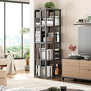 Besiost Bookshelf, Rotating Bookshelf Corner Bookcase, 360 Wood Spinning Narrow Bookshelf, 4 Tier Floor Standing Bookcase Shelf Revolving Organizer Storage Rack for Small Space, Study Room, Black Oak