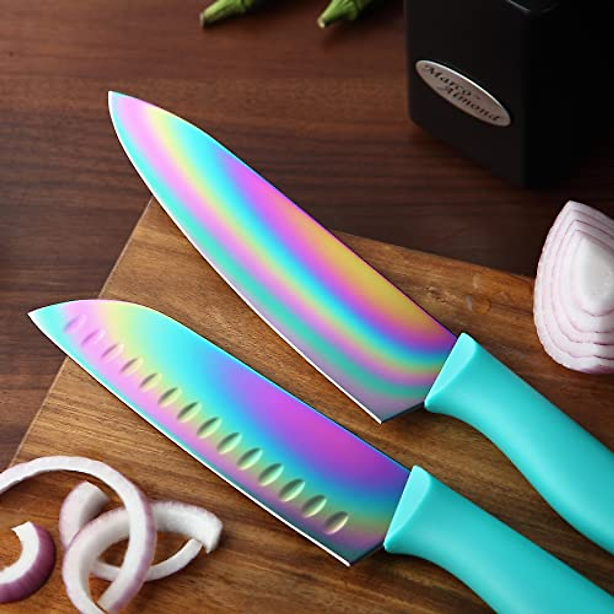 DISHWASHER SAFE Knife Set, Marco Almond®14PC Rainbow Titanium Kitchen Knife Set, KYA27 Knives sets for Kitchen with Block, Teal