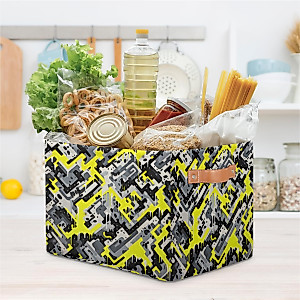 GzLeyigou Yellow Camo Skin Large Collapsible Storage Bins ,Decor Decorative Canvas Fabric Storage Boxes Organizer with Handles,Rectangular Baskets Bin for Home Shelves Closet Nursery Gifts