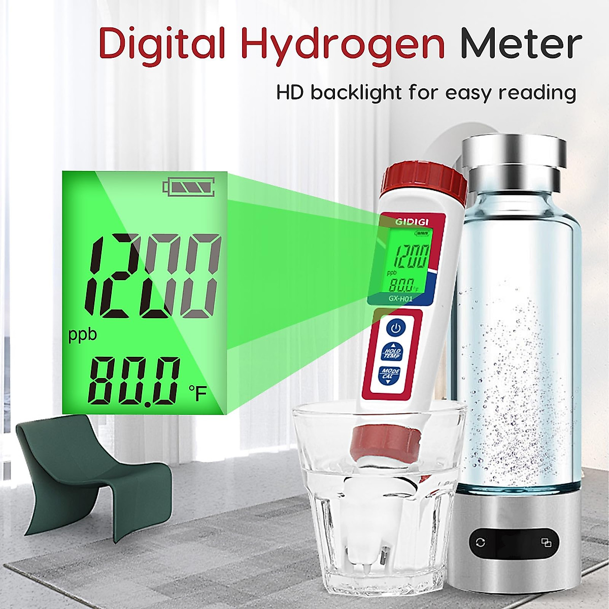 Hydrogen Tester, GIDIGI pH Meter, Digital pH TDS Meter for Water, Accurate ORP Meter, 4 in 1 pH H2 ORP Temp Test kit for Hydrogen Water Bottle, Hydrogen Water ppb/ppm Tester with ATC