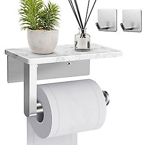 Hronta Toilet Paper Holder with Marble Shelf, SUS304 Stainless Steel Wall Mounted Toilet Paper Holder and 2PCS Adhesive Hooks for Bathroom Washroom, Marble Top Toilet Paper Holder Brushed Nickel