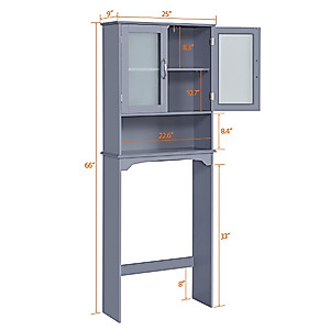 Yaheetech Over The Toilet Storage Cabinet, Free Standing Toilet Rack with Adjustable Shelves and Tempered Glass Doors for Bathroom Washroom, Grey