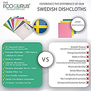 The EcoGurus {Improved} Swedish Dishcloths for Kitchen, Original Made in Sweden (10x Assorted) Multi-Surface Swedish Dish Cloths, Cellulose & Cotton Swedish Dishtowels, No Odor