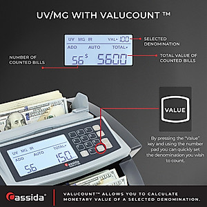 Cassida 5520 UV/MG - USA Money Counter with ValuCount, UV/MG/IR Counterfeit Detection, Add and Batch Modes - Large LCD Display & Fast Counting Speed 1,300 Notes/Minute