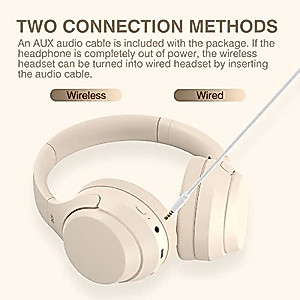 iKF T1-Wireless Wired Headphones Call Noise Cancelling Bluetooth Headset Bass Stereo Sound 50 Hours Using Time Built-in Microphone Pairing 2 Devices Compatible iOS/Android (Off-White)