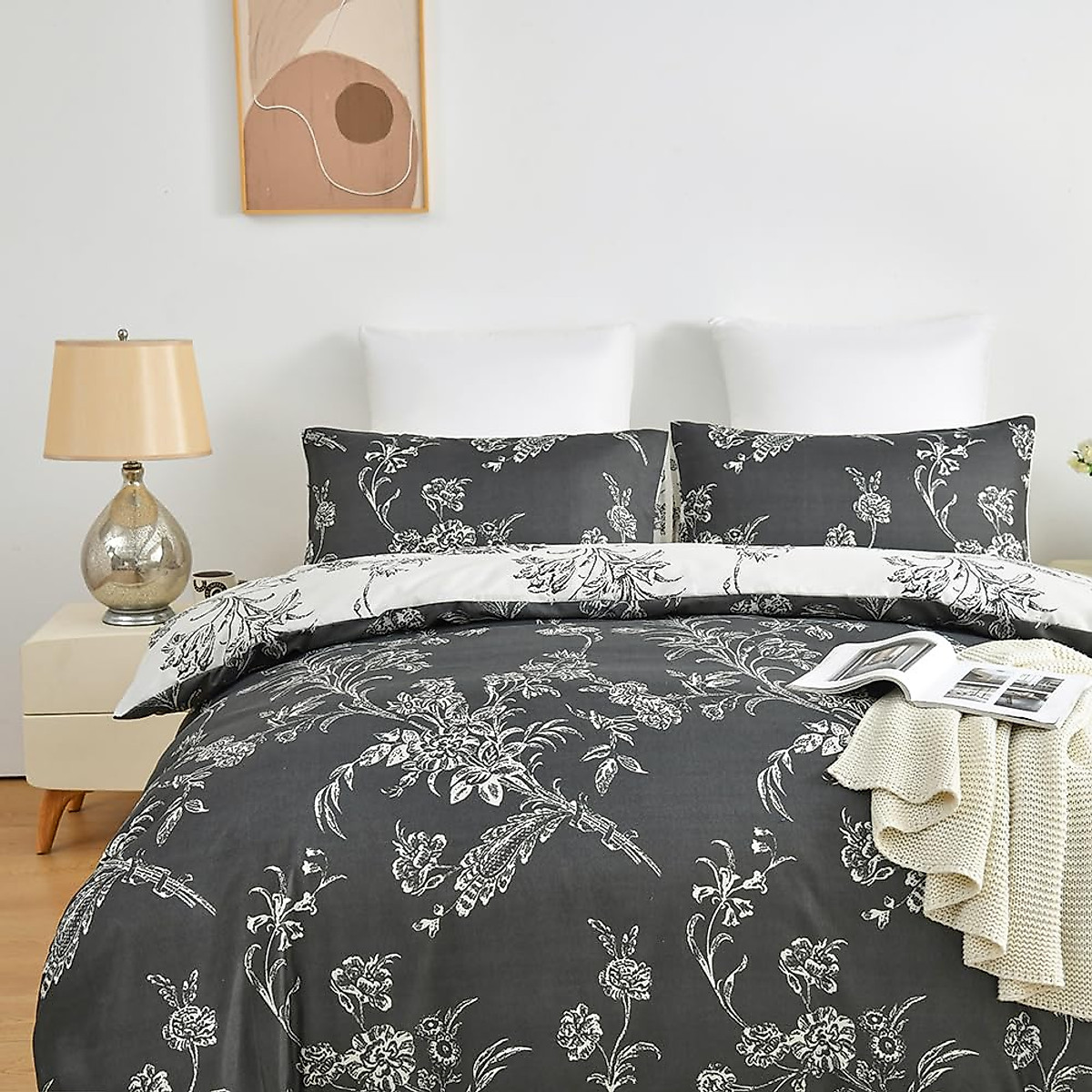 La Sheer Black Floral Duvet Cover King Size Garden Style Flower Microfiber Bedding Set with Zipper Smooth Soft Comforter Cover with 2 Pillow Shams(102x90 inches, 3 Pieces)