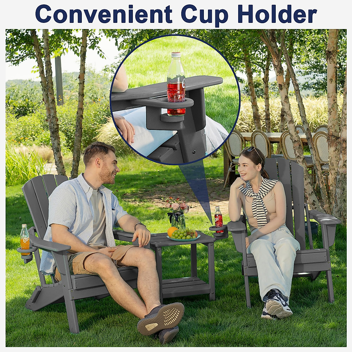 Plawdlik Folding Adirondack Chair, SGS Tested, Wooden Textured with Cup Holder, Heavy All-Weather HDPE Comfortable Set Poolside Backyard Lawn Grey
