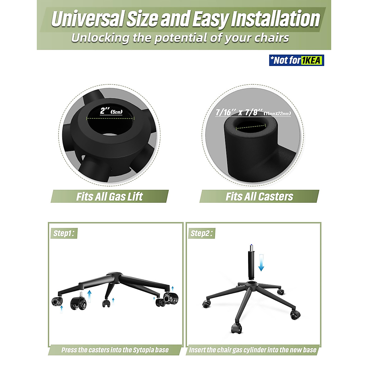 Sytopia 24''(60cm) Office Chair Base Replacement, Heavy Duty Chair Replacement Parts(2400Lbs), Desk Chair Reinforced Metal Leg, Universal Caster and Gas Cylinder Size, Matte Black