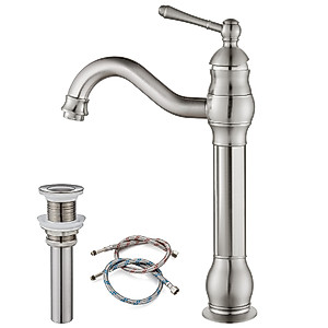 gotonovo Brushed Nickel Bathroom Vessel Sink Faucet with Pop Up Drain Single Lever Handle 1 Hole Bowl Sink Mixer Tap Tall Spout Lavatory Vanity