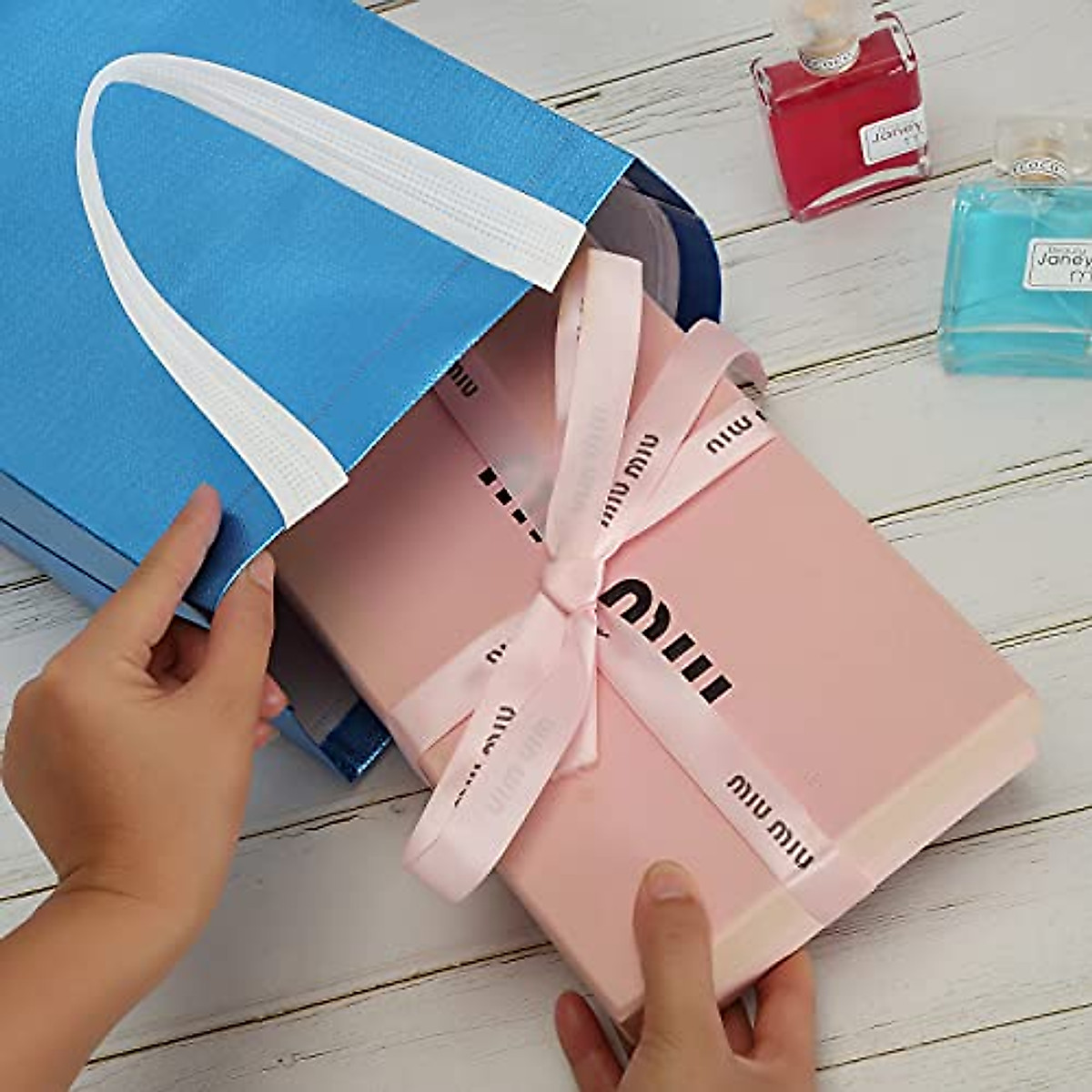 Tosnail 40 Pack 10 x 8 Inch Glossy Reusable Grocery Bags Shopping Tote Bag with Handle Present Bag Gift Bag for Weddings, Birthdays, Party, Event - Light Blue