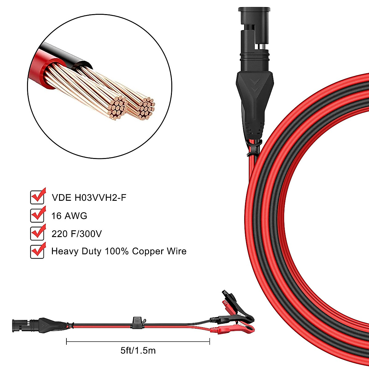 SUNER POWER Waterproof SAE Alligator Clips Cable, SAE Plug to Battery Clamp Cord with 10A Fuse, Perfect for Solar Panl Car Marine Motorcycle - 5FT/16AWG