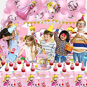 Princess Peach Birthday Party Supplies, Princess Peach Theme Party Decorations, Princess Peach Theme Party Favors Include Garland Arch Kit, Foil Balloon, Backdrop, Tablecloth