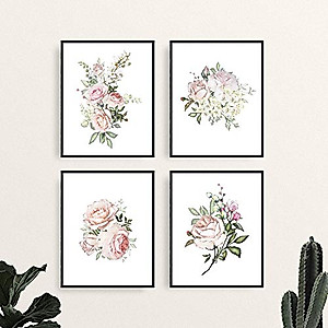 TANXM 4 Set - Pink rose Canvas Painting Flower Wall Art,Modern Wall Decor Bathroom Living Room Girls Bedroom - No Frame,8"x10"