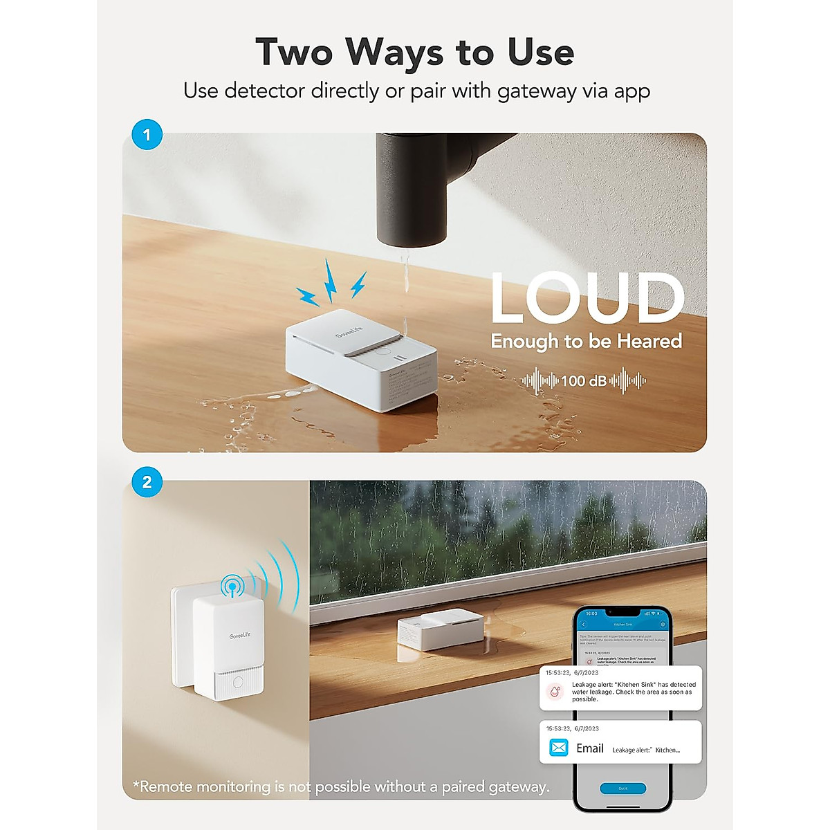 GoveeLife Water Leak Detectors 3 Pack, 100dB Adjustable Audio Alarm and Leak and Drip Alerts, Detector for Home, Bedrooms, Basement, Warehouse, Cabin/RV