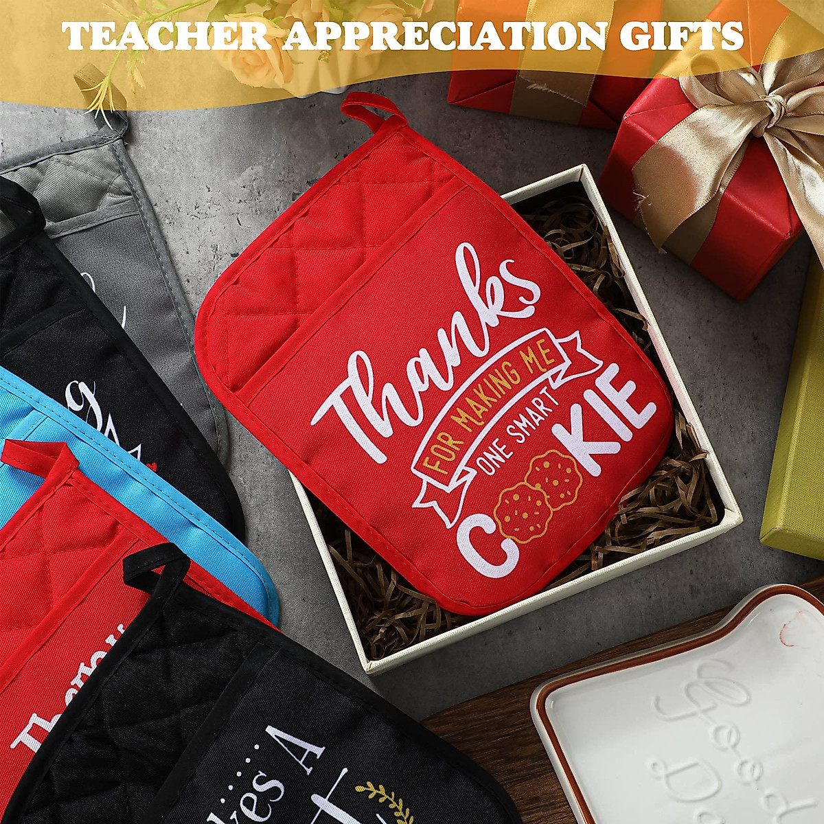 Irenare 8 Pcs Christmas Teacher Appreciation Gifts Hot Pot Holders Funny Oven Mitts Heat Resistant Microwave Oven Mitt Potholders with Hand Pocket Hanging Loop End of Year Gift, 7 x 9 Inch