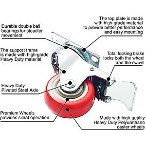Online Best Service 4 Pack Caster Wheels Swivel Plate On Red Polyurethane Wheels (3 inch with Brake)