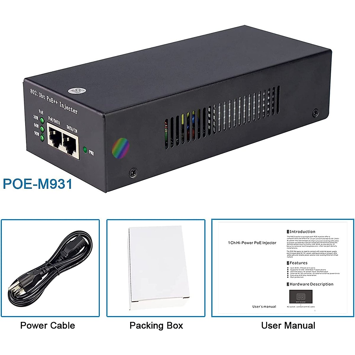 CENTROPOWER High Power Gigabit PoE Injector 90W，Ethernet Switch PoE+ Injector Adapter，10/100/1000Mbps，IEEE 802.3af/at/bt Compliant, Up to 100M(328 feet)